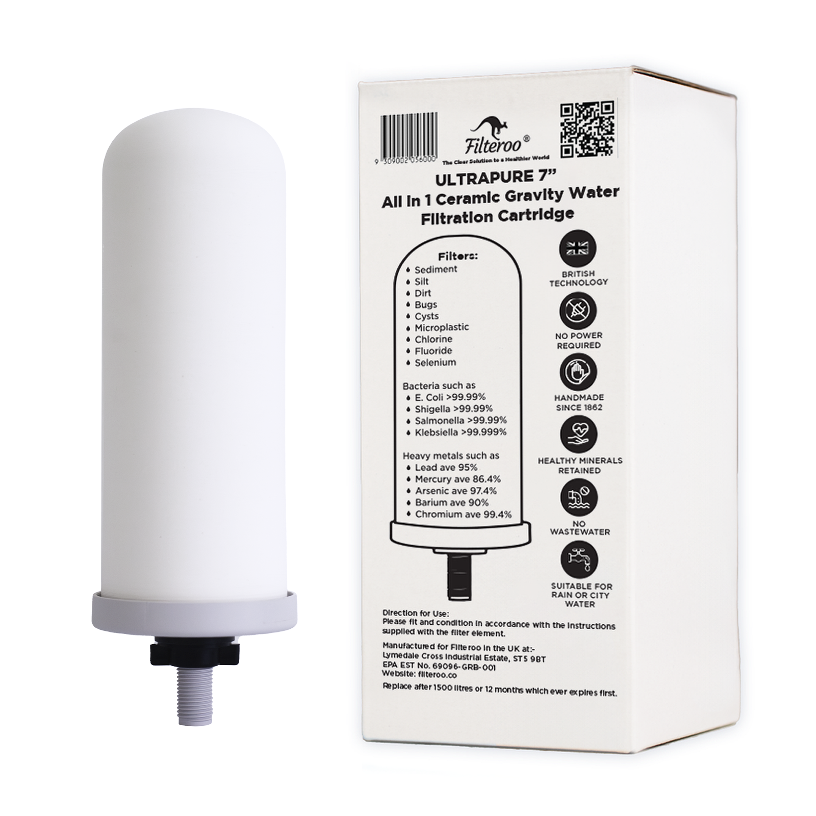 Filteroo® ULTRAPURE 7" All in 1 Ceramic Gravity Water Filtration Candl